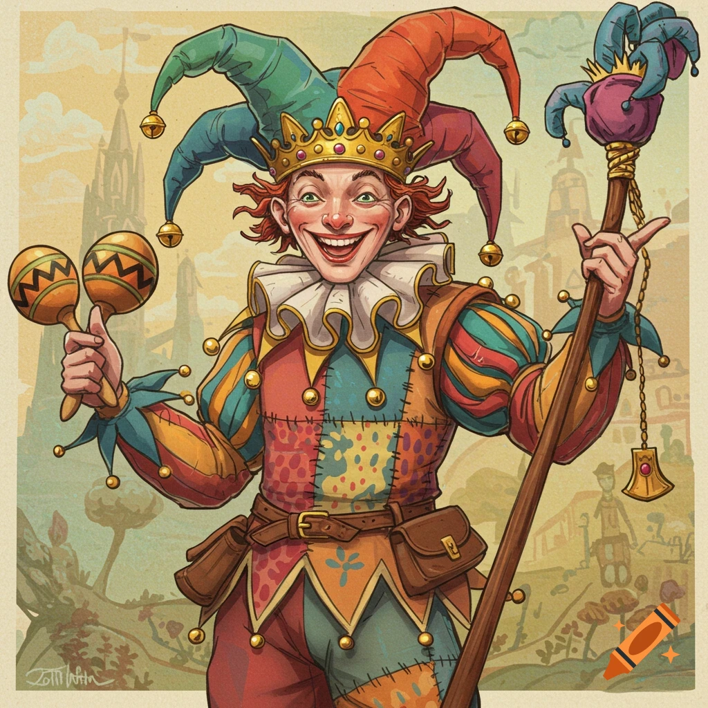 A colorful illustration of a grinning jester wearing a crown and ...