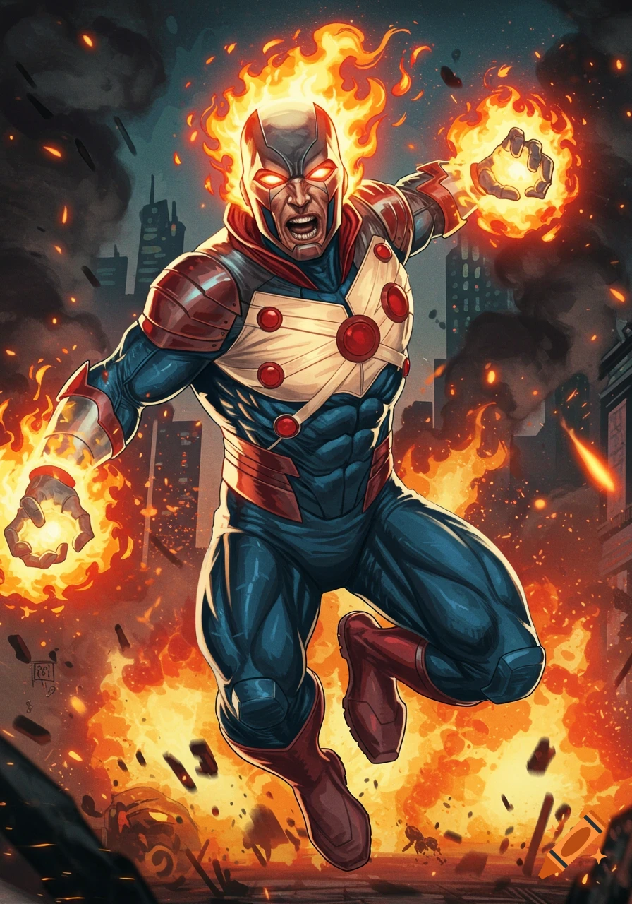 Comic book illustration of a superhero with fire hands and head leaping ...
