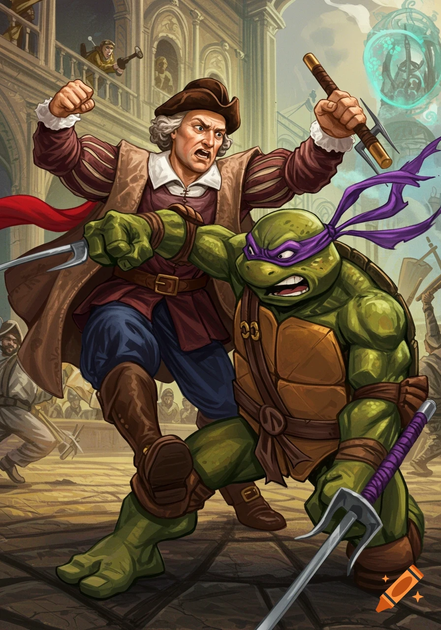Illustration of Christopher Columbus fighting Donatello the Teenage ...