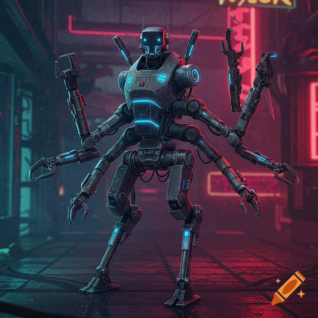 A heavily modified robot with six arms and thick legs stands in a ...