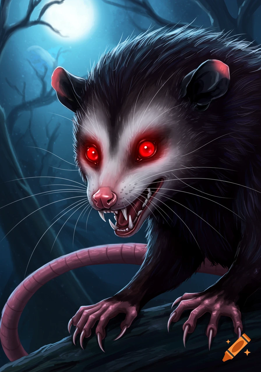 Close-up of a possum creature with bright red eyes and fangs in a dark ...