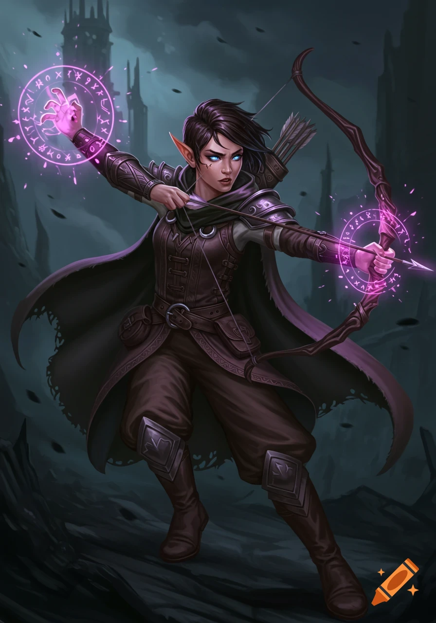 A fantasy character with pointed ears holds a bow and purple glowing ...