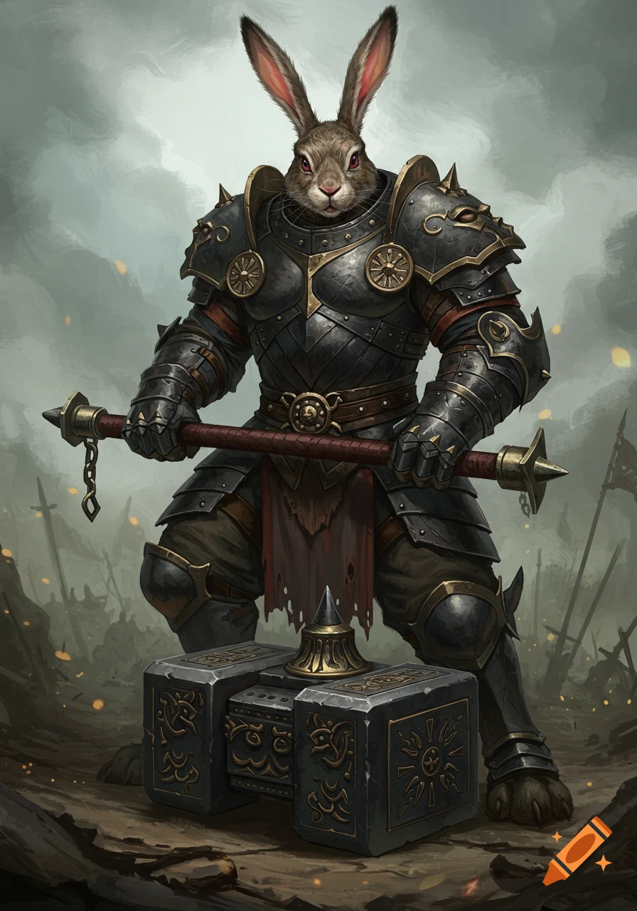 A tall, muscular rabbit warrior wearing full black armor and holding a ...