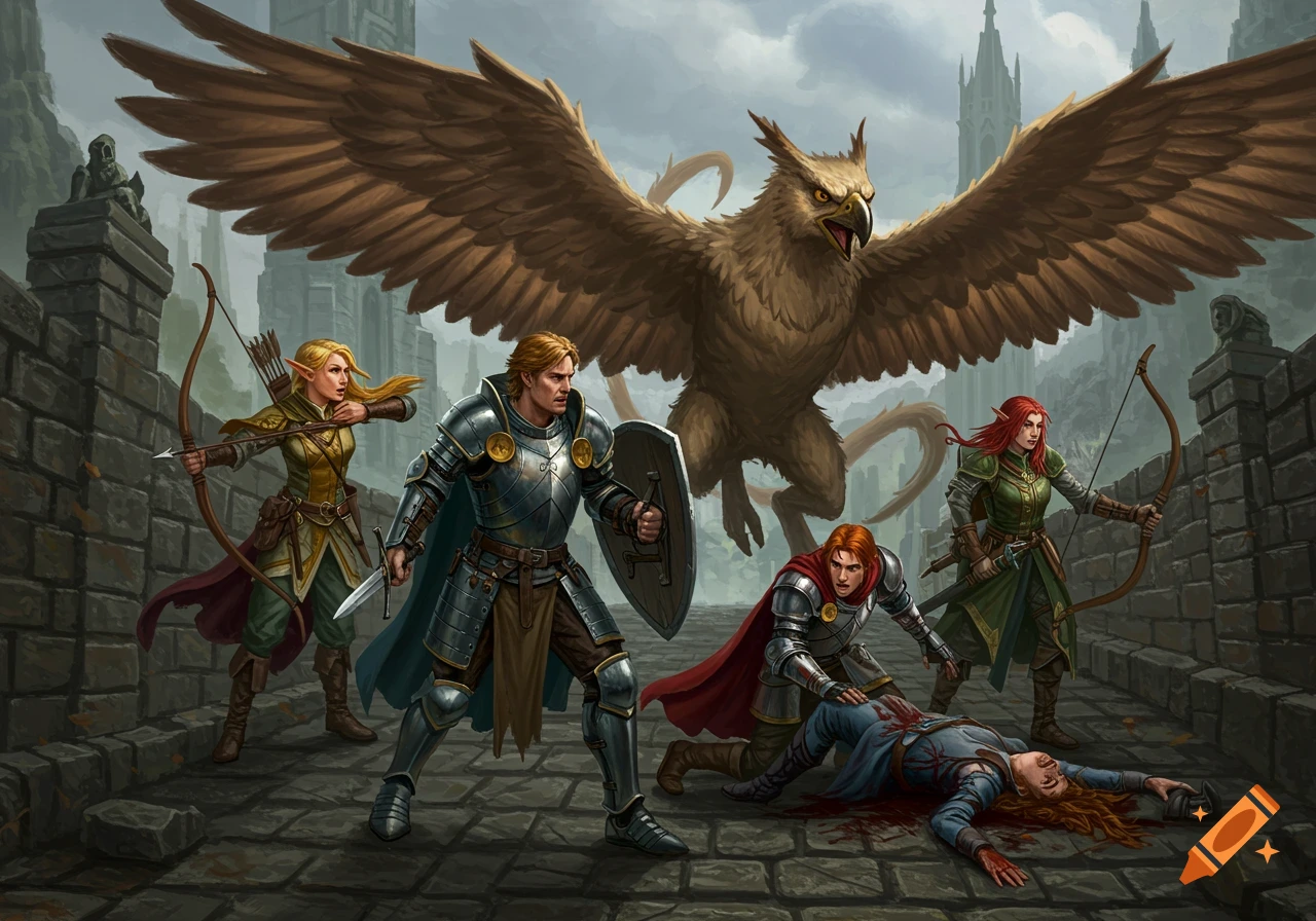 Fantasy illustration of heroes fighting a gryphon on a bridge with a ...