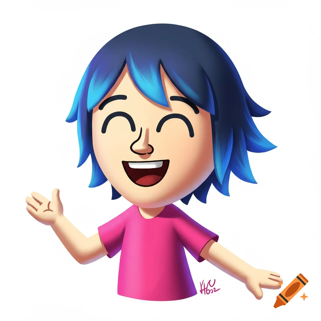 Cartoon character like a Mii with blue hair, pink shirt, smiling and ...