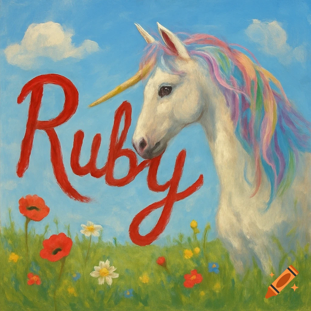 Painting of a unicorn with a rainbow mane in a field of flowers and the ...