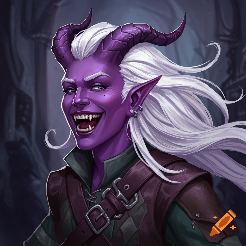 Portrait of a purple-skinned Tiefling rogue with white hair and horns ...