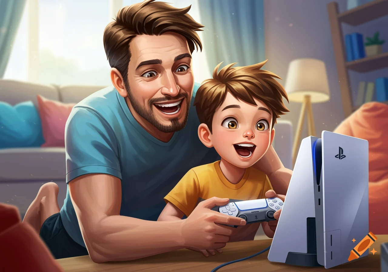 An illustration of a father and son happily playing a video game on a ...