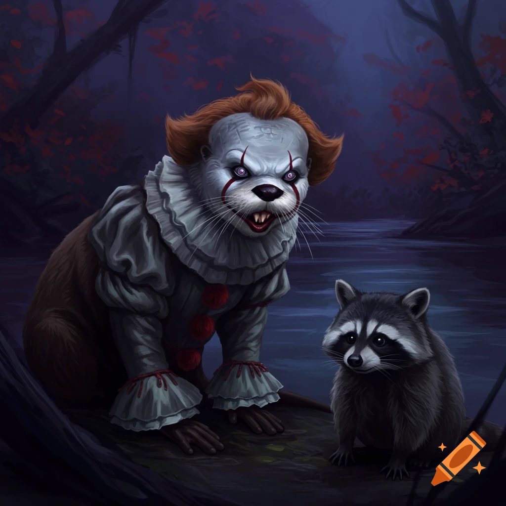 Digital painting of a river otter dressed as Pennywise and a raccoon by ...