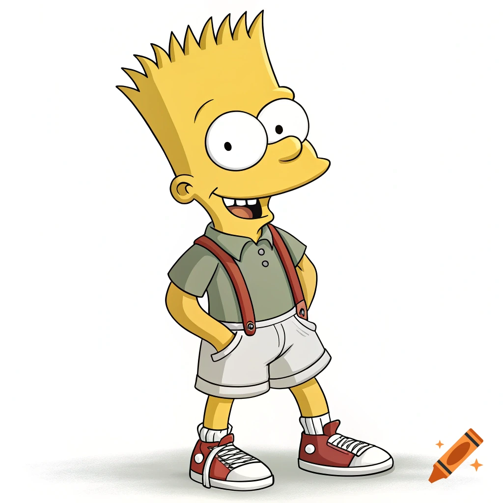 Cartoon illustration of Bart Simpson wearing shorts and suspenders. on ...