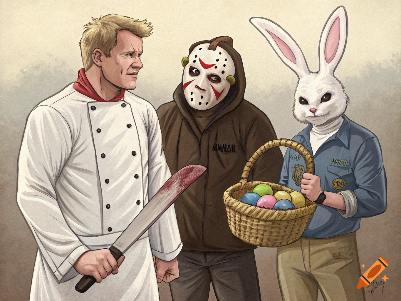 Illustration of Gordon Ramsay with a bloody knife, Jason Voorhees, and ...