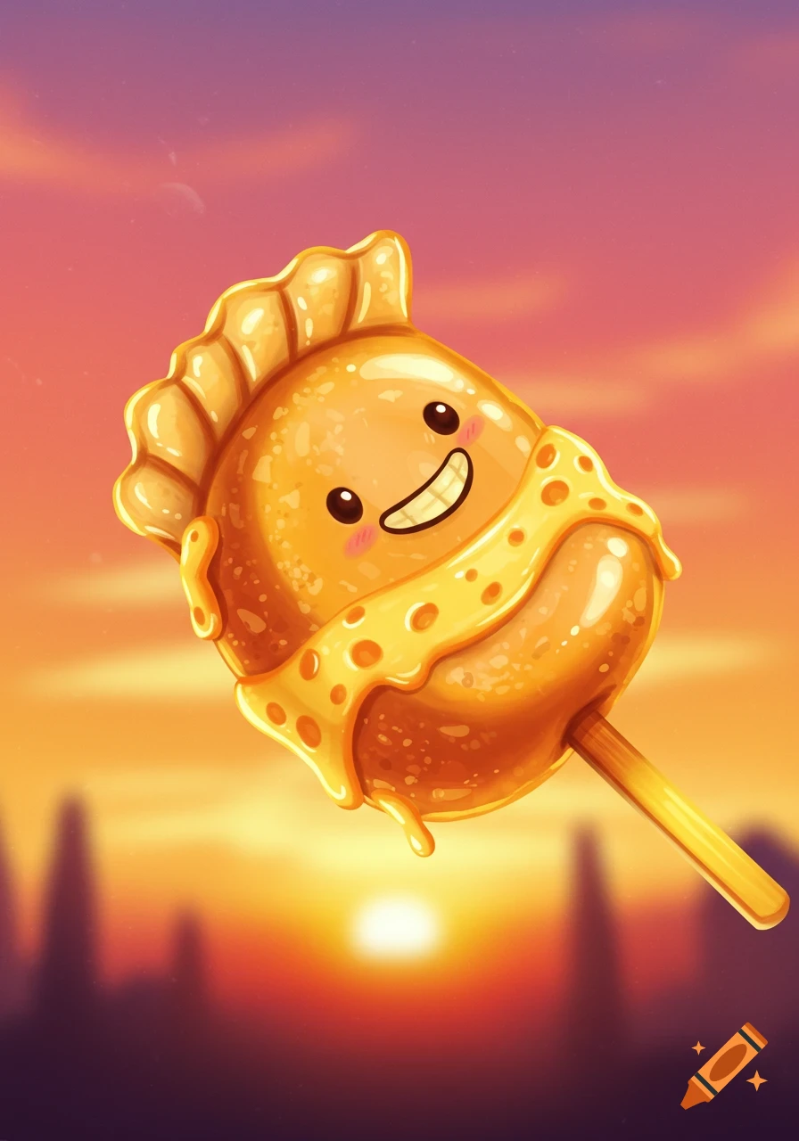 Cartoon cheesy gyoza on a stick against a sunset background. on Craiyon