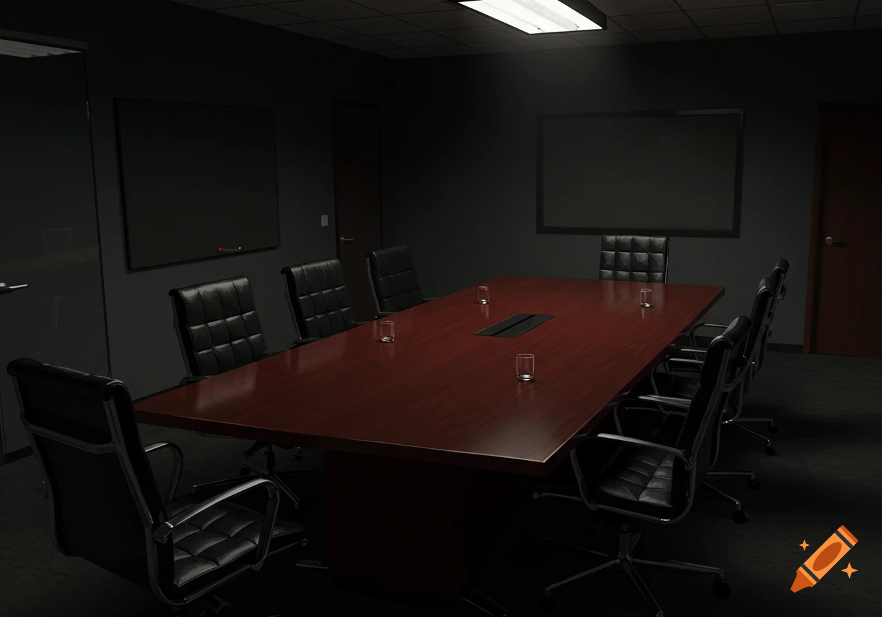 A dark conference room with a long wooden table and leather chairs on ...