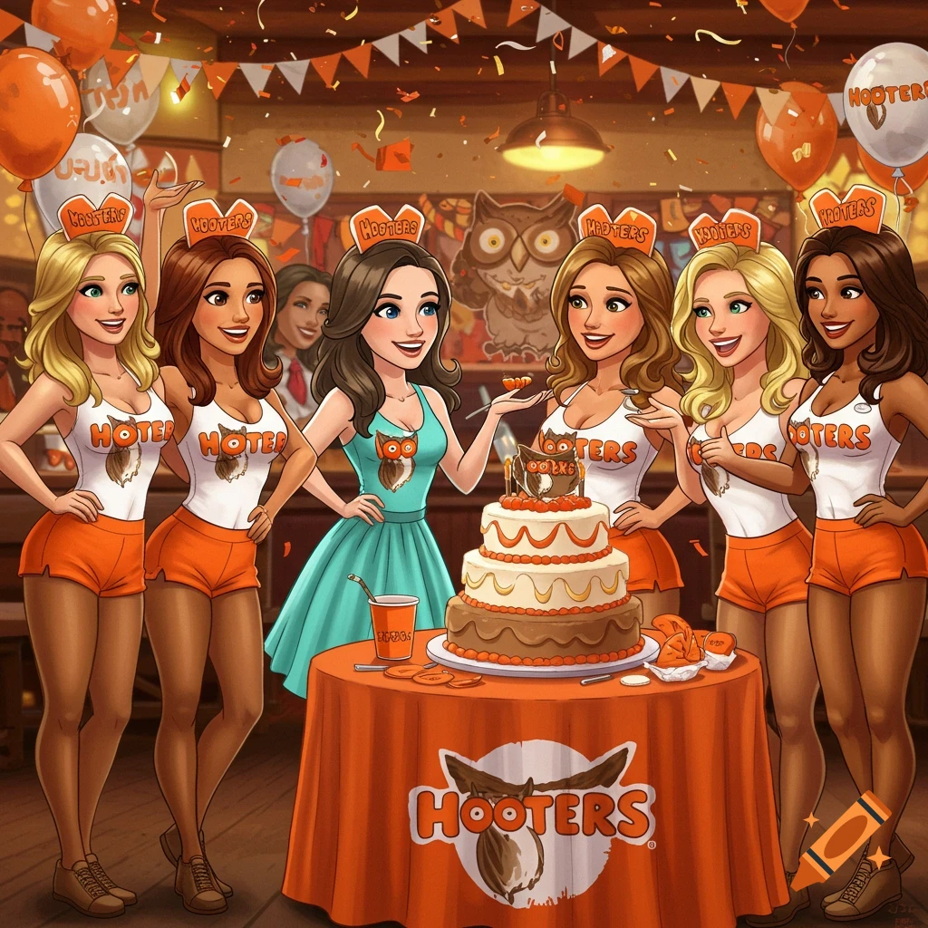 Cartoon of several women in Hooters uniforms celebrating with a large ...