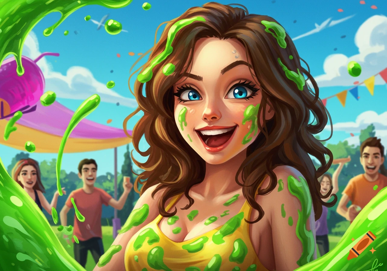 Smiling woman covered in green slime at an outdoor party. on Craiyon