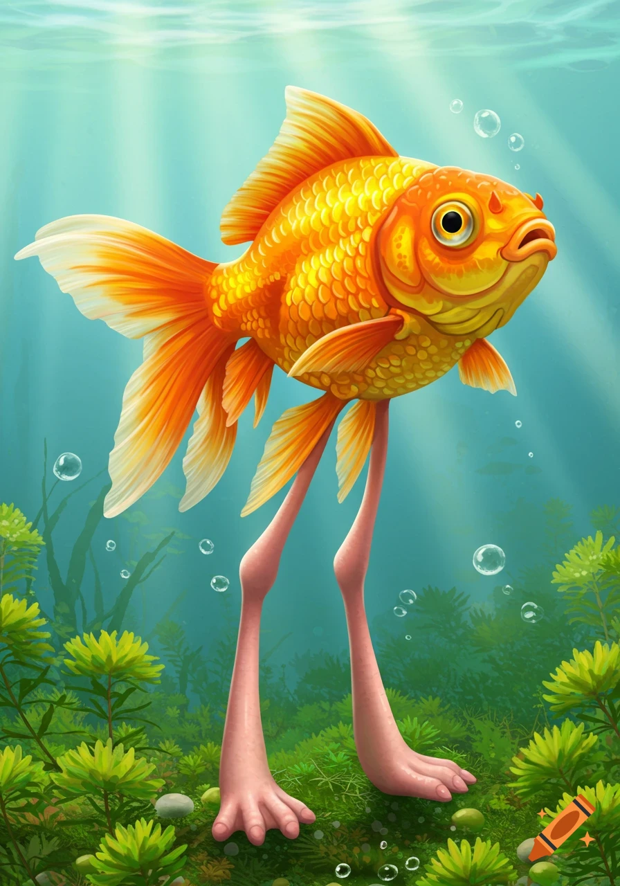 A goldfish with human legs stands on the seabed in a stylized ...