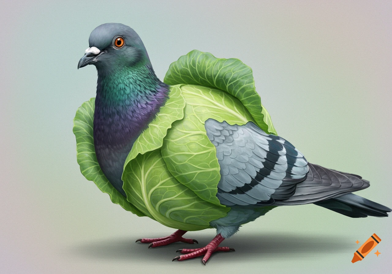 A pigeon creature with cabbage leaves integrated into its body. on Craiyon