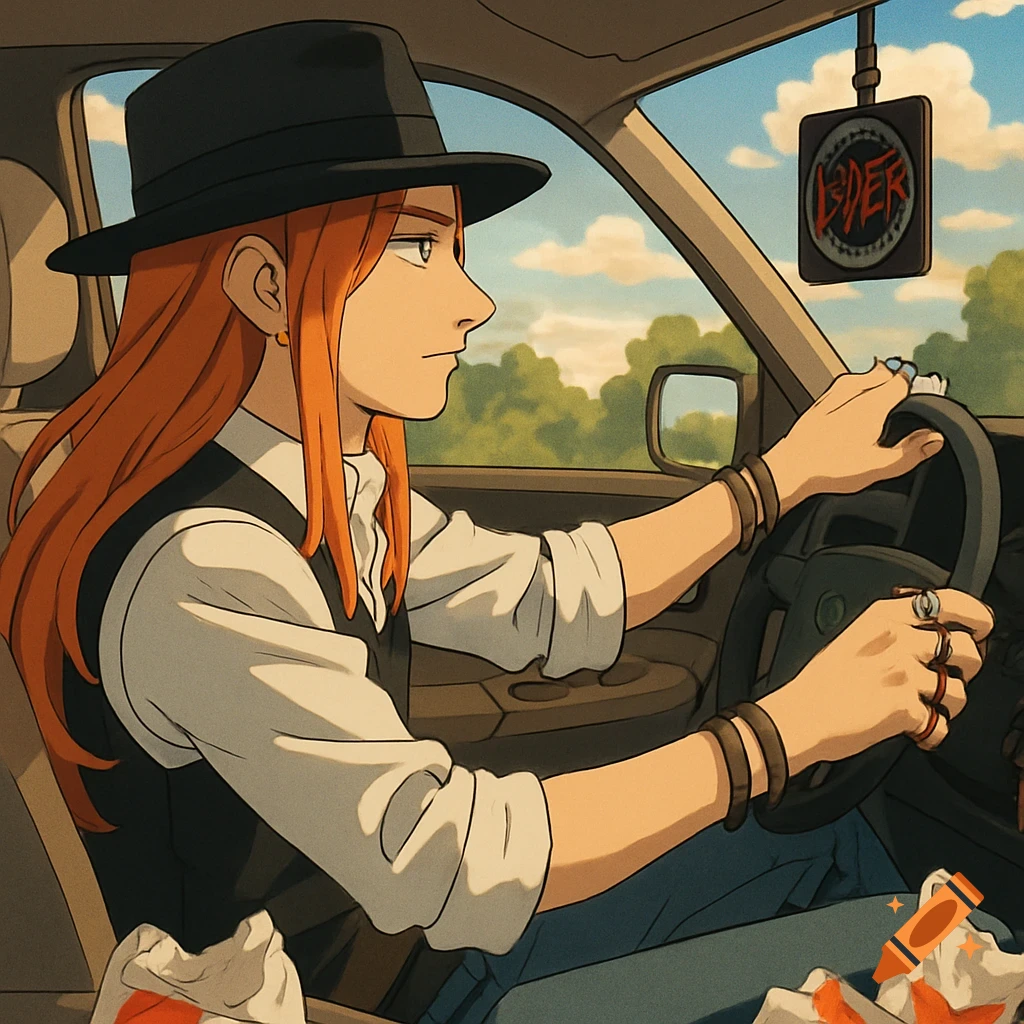 Anime art of a person with long orange hair and a black hat driving a ...