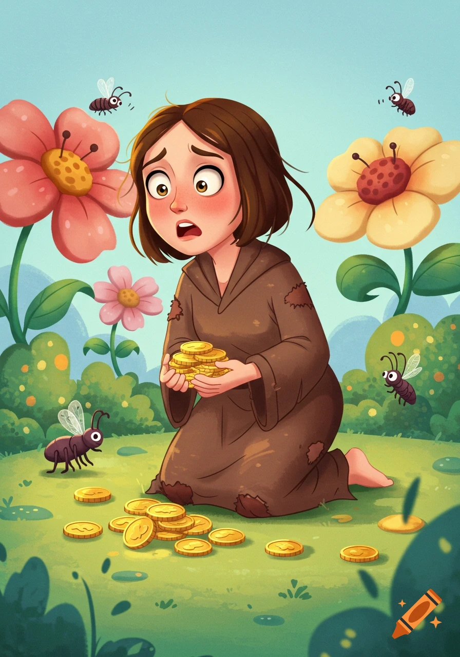 Cartoon illustration of a scared girl in ragged clothes kneeling in a ...