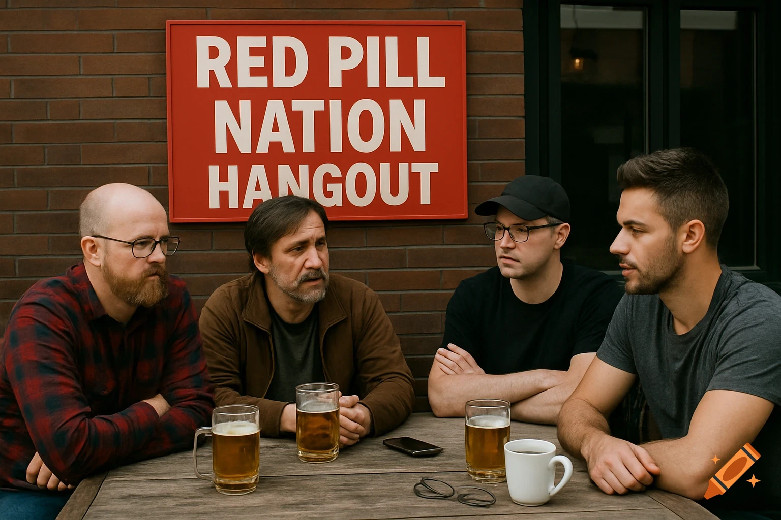 Four men drink beer at an outdoor table under a sign that reads RED PILL NATION HANGOUT on Craiyon
