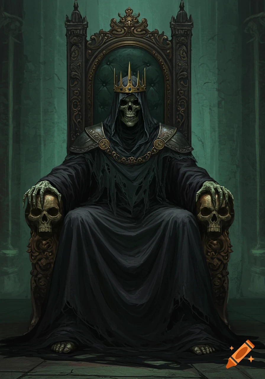 An undead skeletal king in dark robes sits on an elaborate throne with ...