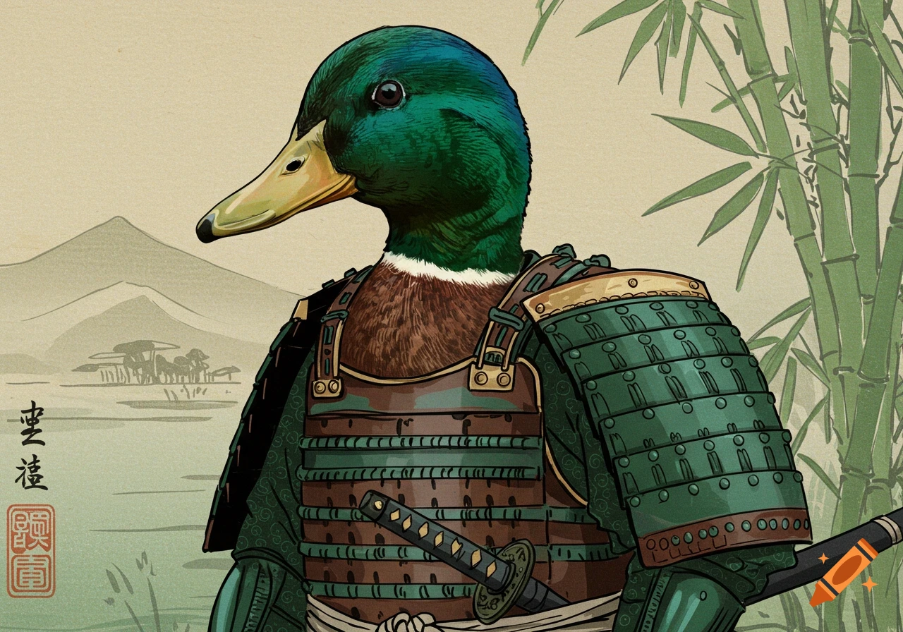 Portrait of a mallard duck in samurai armor in ukiyo-e art style on Craiyon