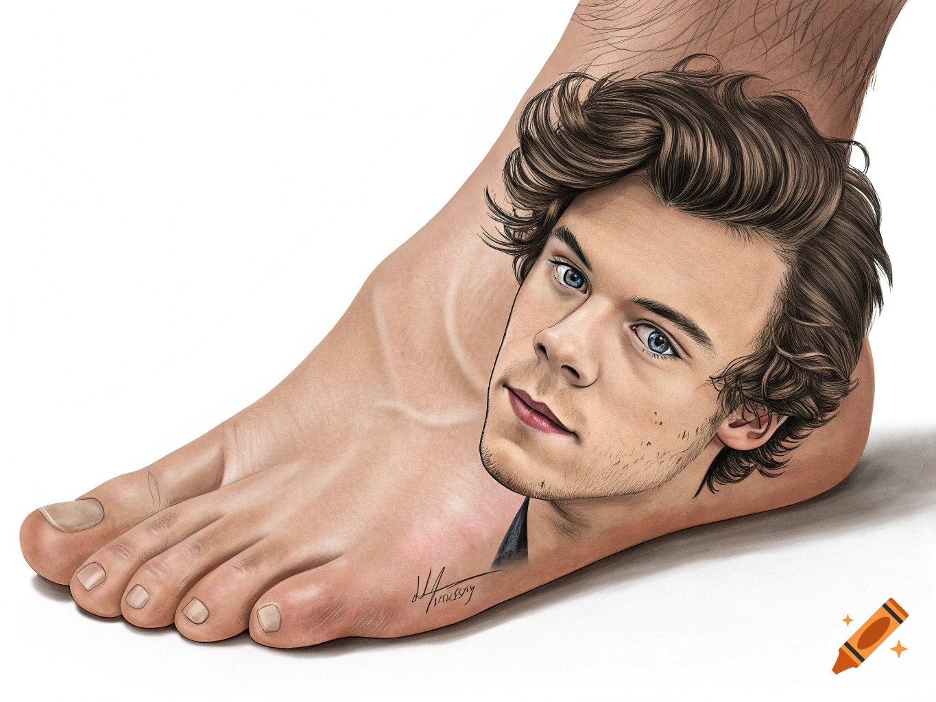 Realistic depiction of a human foot with a tattoo of Harry Styles' face on the top. on Craiyon