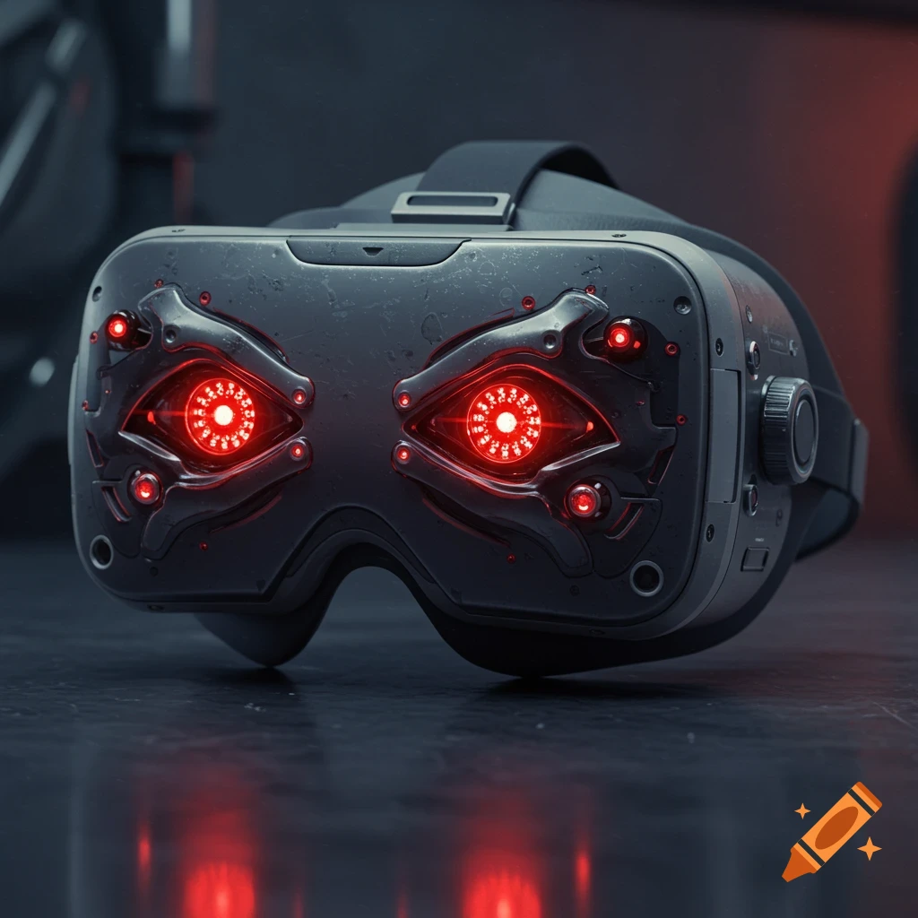 Close-up of a dark VR headset with glowing red robot eyes on Craiyon