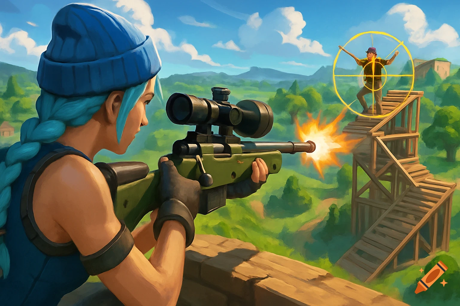 Stylized depiction of a character aiming a sniper rifle at another ...