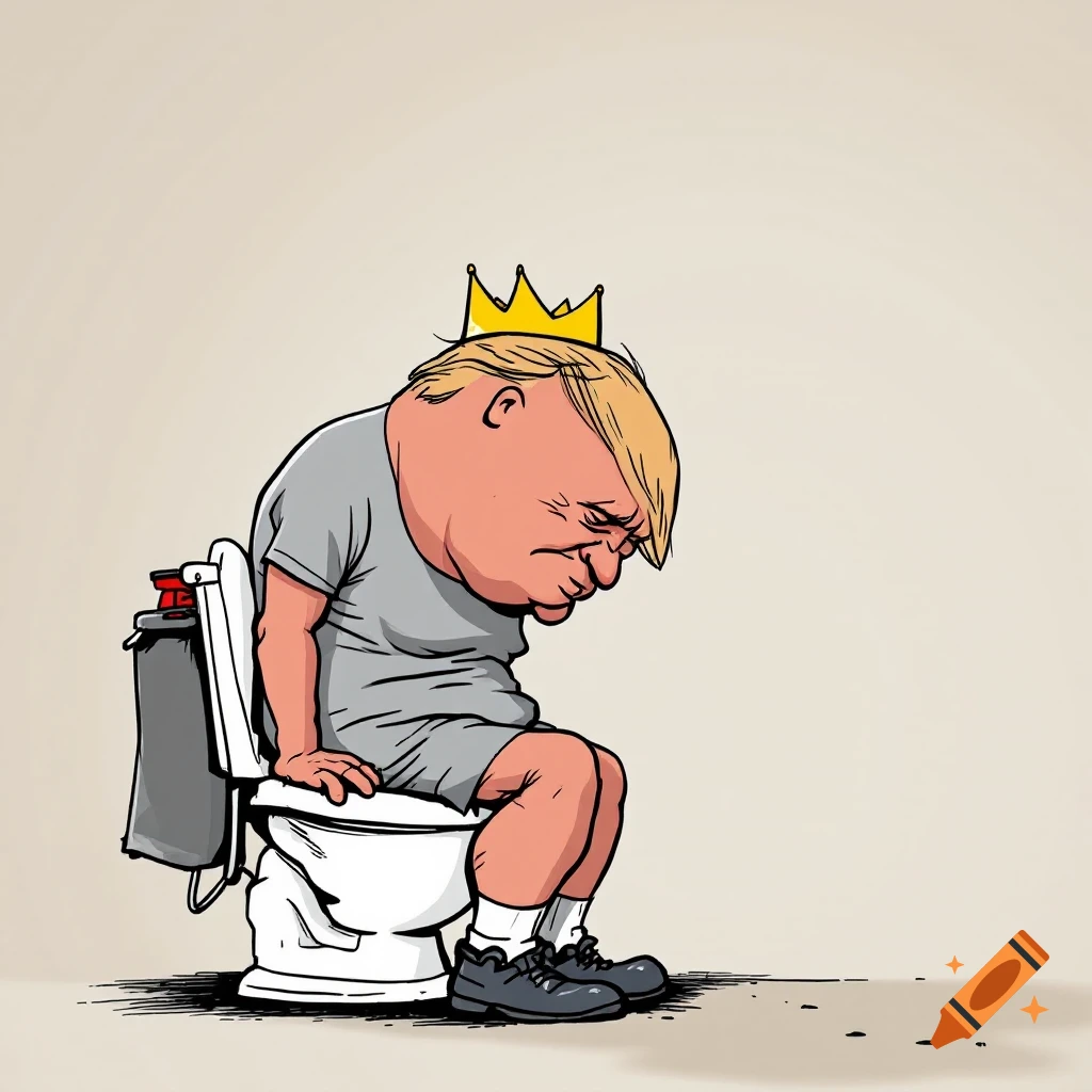 Cartoon caricature of a figure wearing a crown, slumped over on a ...