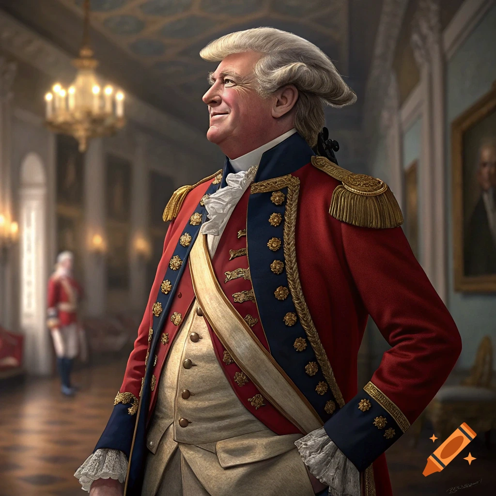 Portrait of a man resembling Trump in a red historical military uniform ...