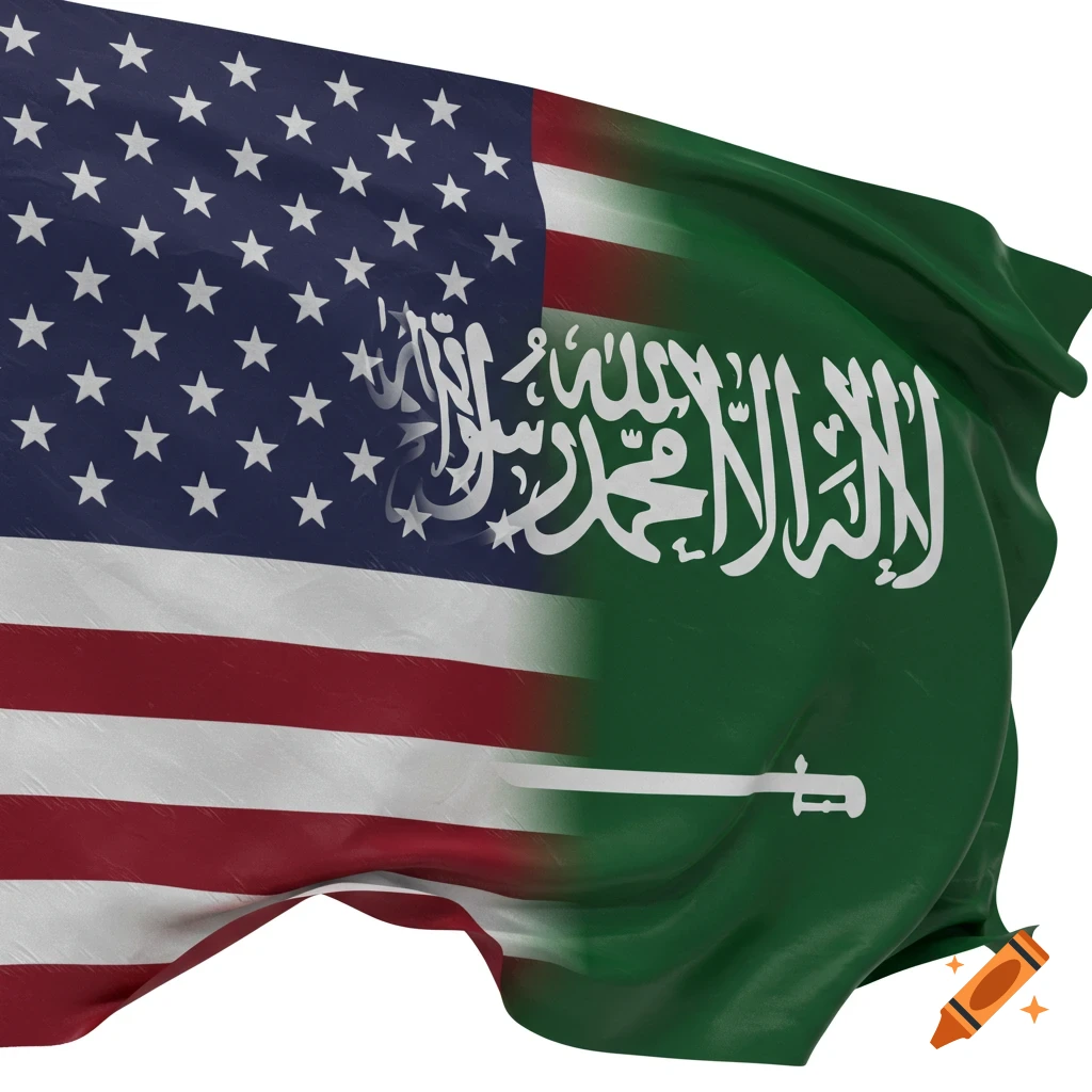 A blended 3D rendering of the United States flag and the flag of Saudi ...