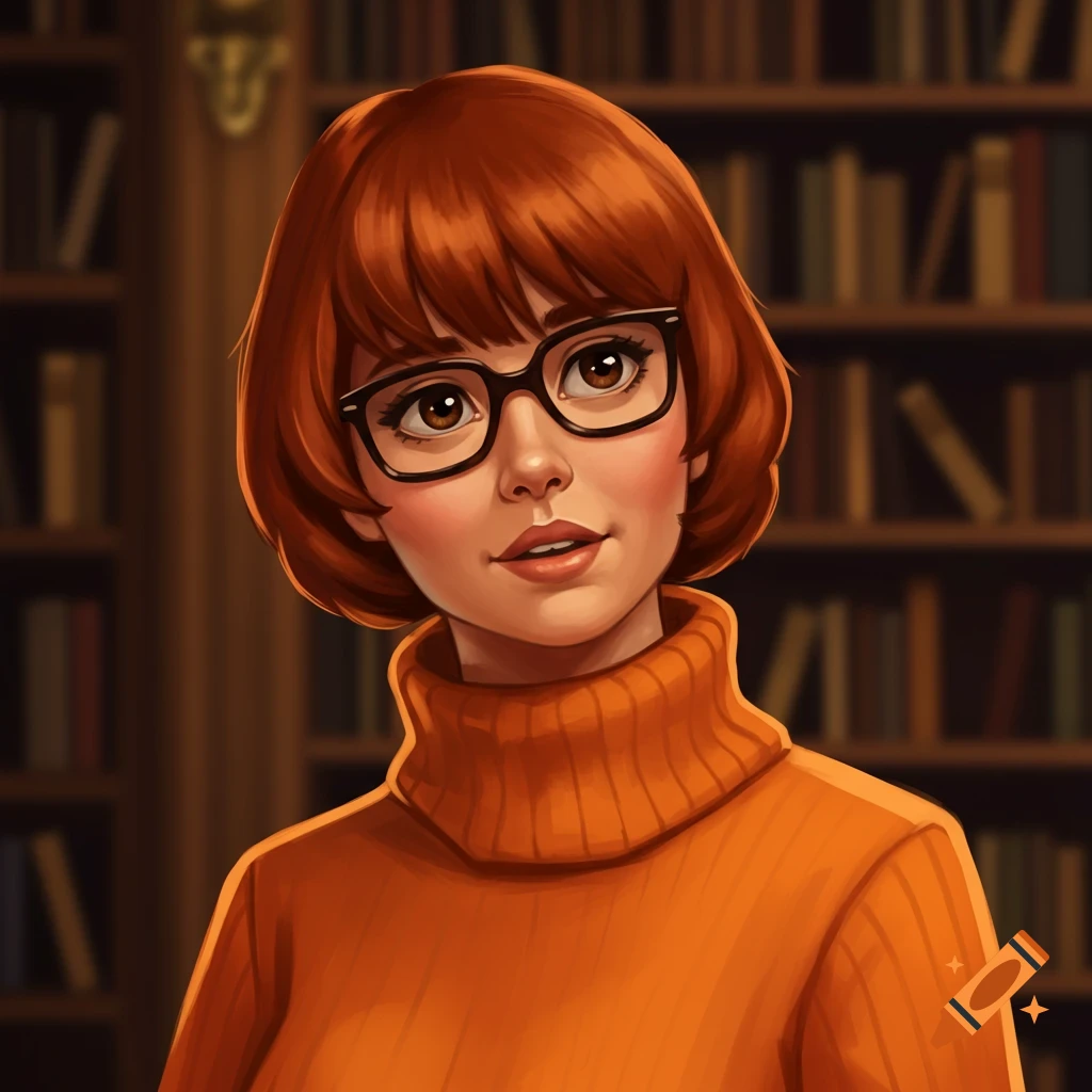 Portrait of a woman resembling Velma Dinkley with glasses and an orange ...