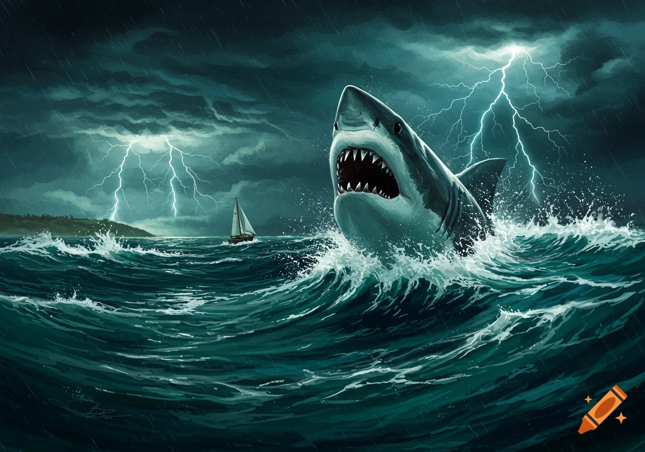 A large great white shark leaps from stormy ocean waves toward a small ...