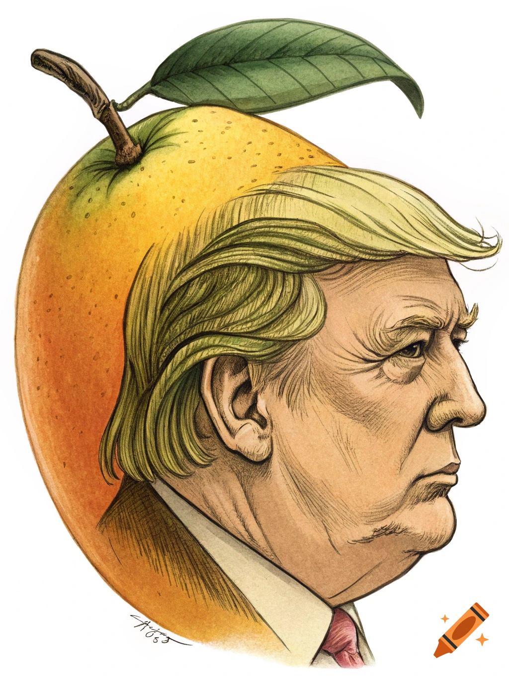 Illustration of Donald Trump's head on a mango. on Craiyon