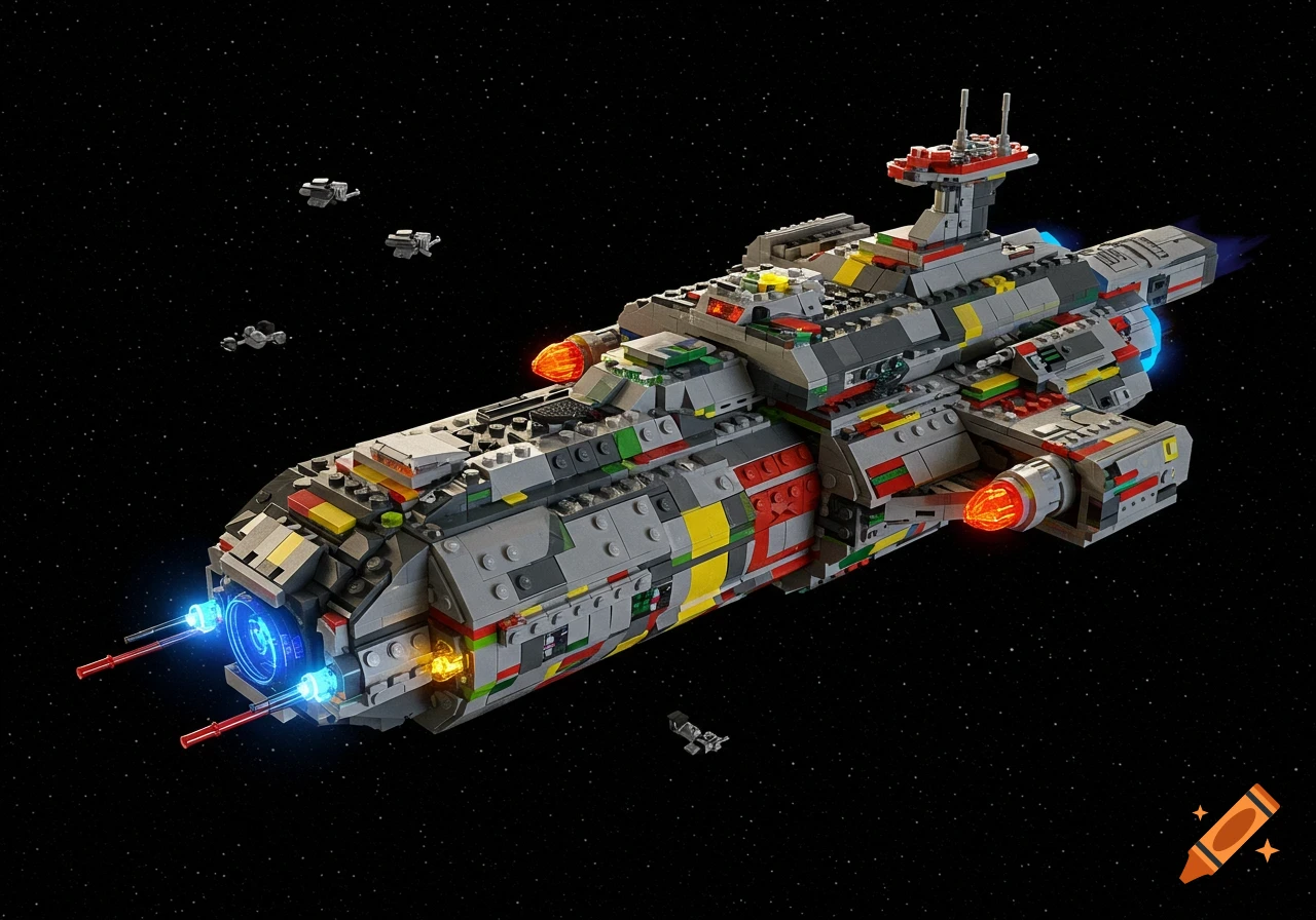A large, colorful spaceship made of Lego bricks flies through space ...