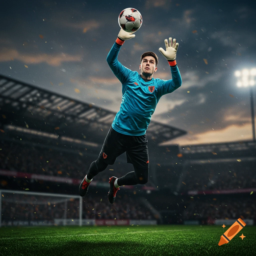 Photorealistic image of a soccer goalkeeper jumping to catch the ball ...