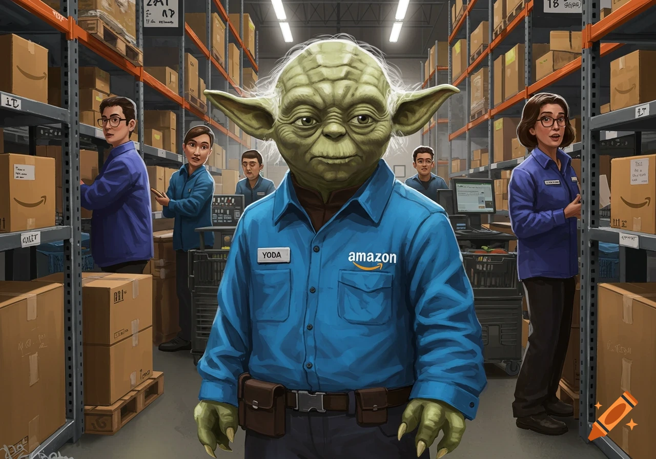 Yoda in an Amazon warehouse wearing an Amazon shirt, surrounded by ...