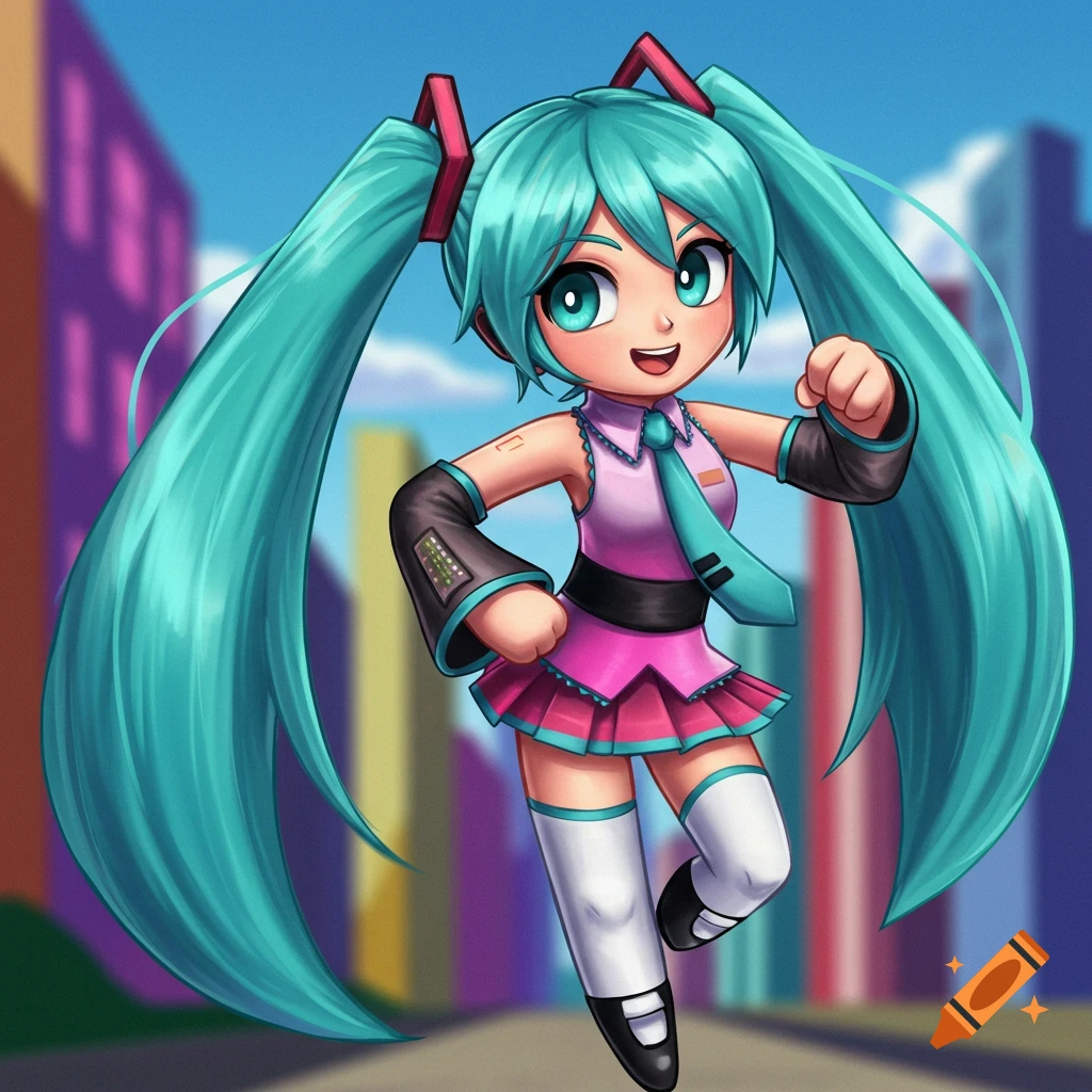 Chibi-style Hatsune Miku character running in a city on Craiyon