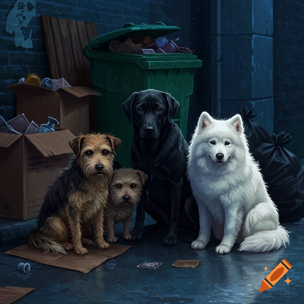Four dogs, including a terrier, black lab, and Samoyed, sit among trash ...
