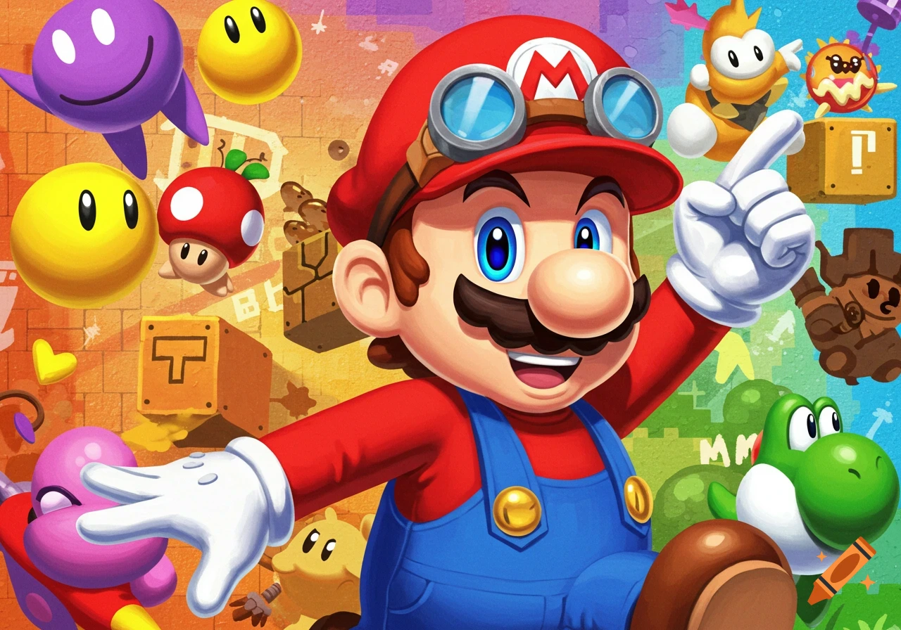 Cartoon illustration of Mario with goggles, pointing amongst characters ...