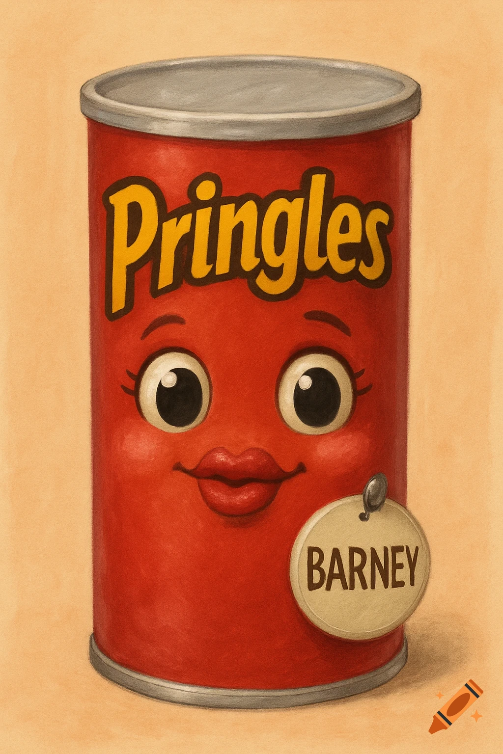 Cartoon Pringles can with a face and a Barney badge. on Craiyon