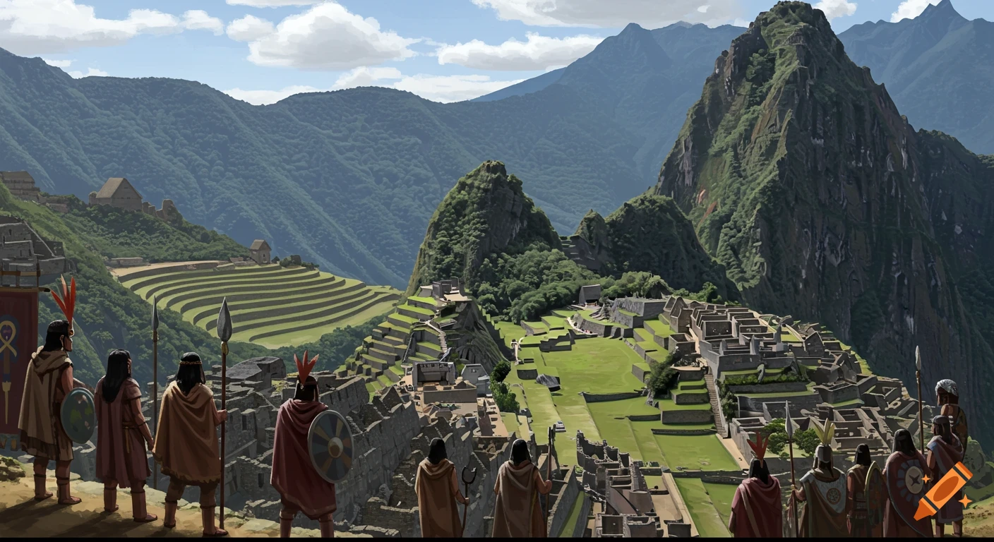 Inca warriors and nobles look out over the ancient city of Machu Picchu ...