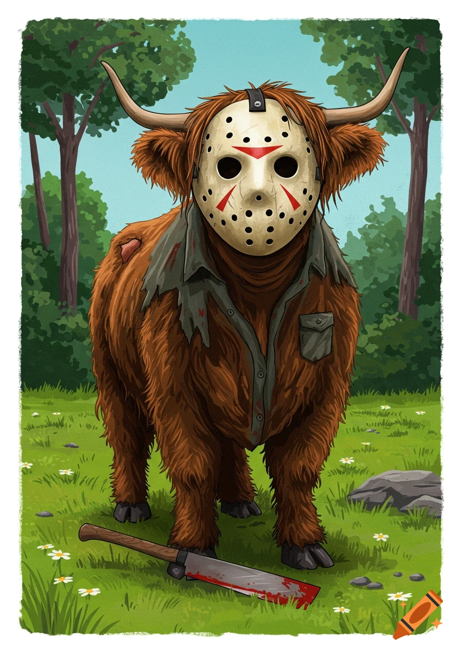 A fluffy brown Highland cow wears a Jason Voorhees hockey mask and torn ...