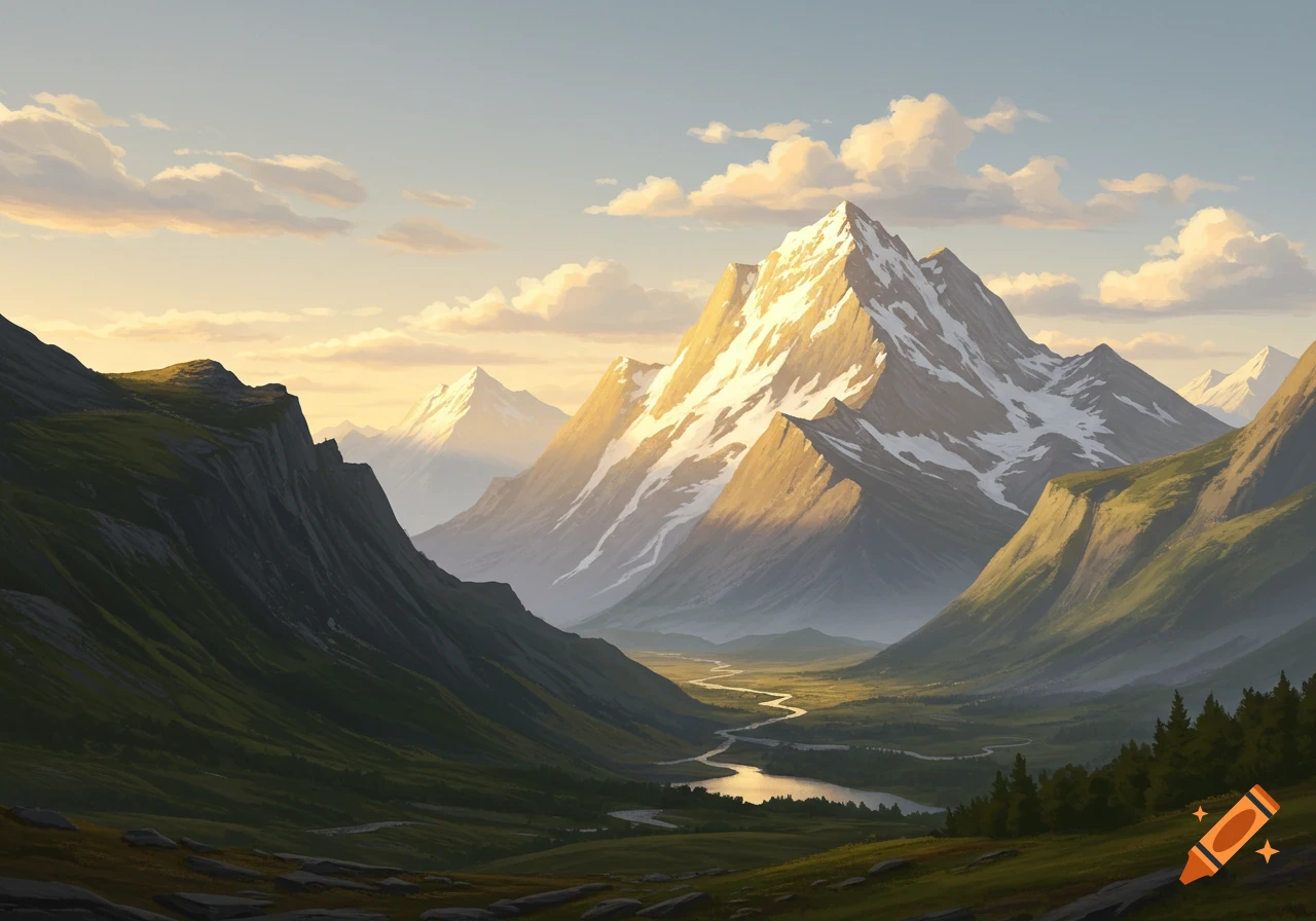 A sunlit valley with a winding river flows between lush green mountains ...