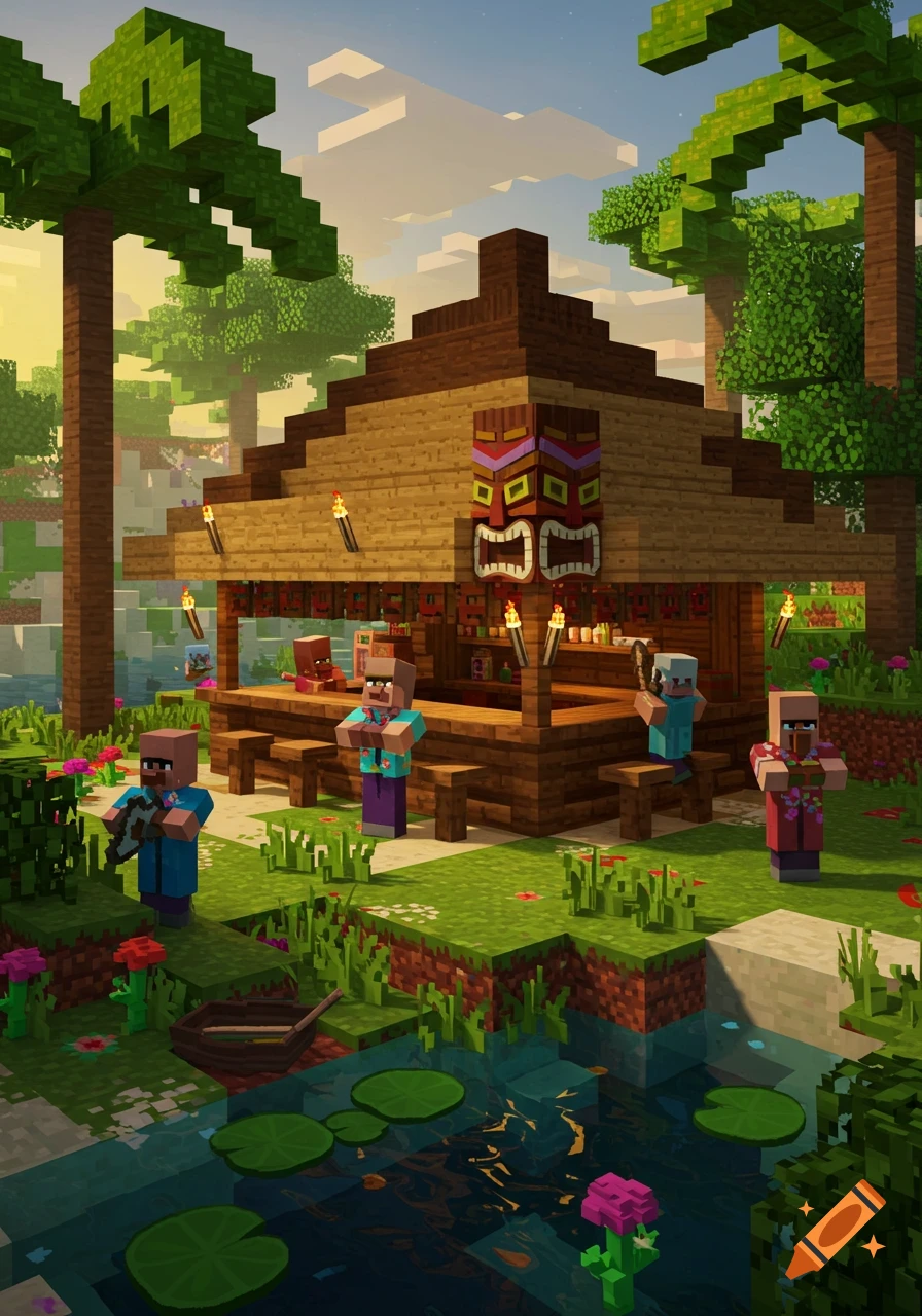 Minecraft style image of villagers at a tiki bar on Craiyon