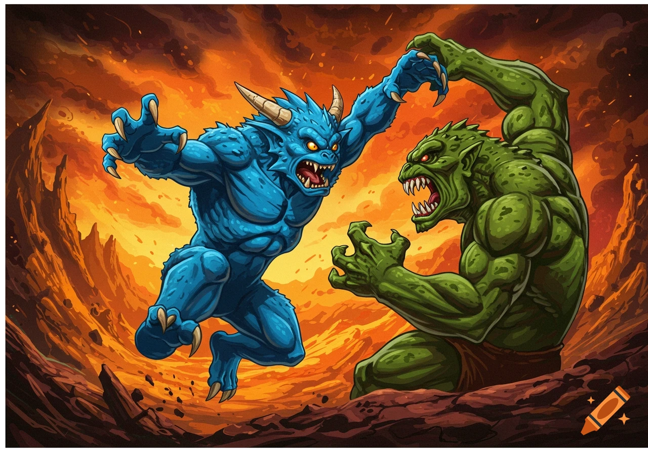 A blue monster attacks a green monster in a fiery landscape, stylized ...