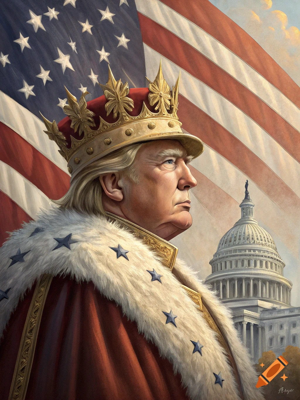 Painting of Donald Trump wearing a king's crown and robe in front of ...