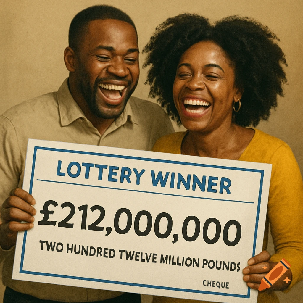 Happy Black couple holding a large winning lottery cheque for £212 ...