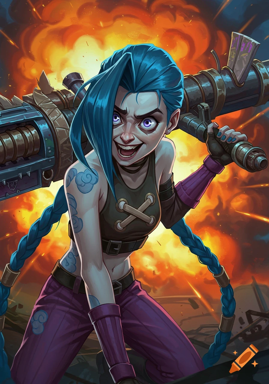 Jinx from Arcane with her minigun, standing in front of an explosion in ...